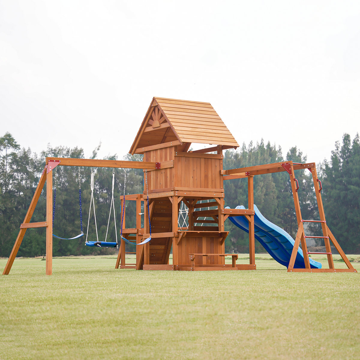 Dolphin Playground Luxury Cedar Playground Set: Double Wave Slide, 2-in-1 Table, Monkey Bars ...